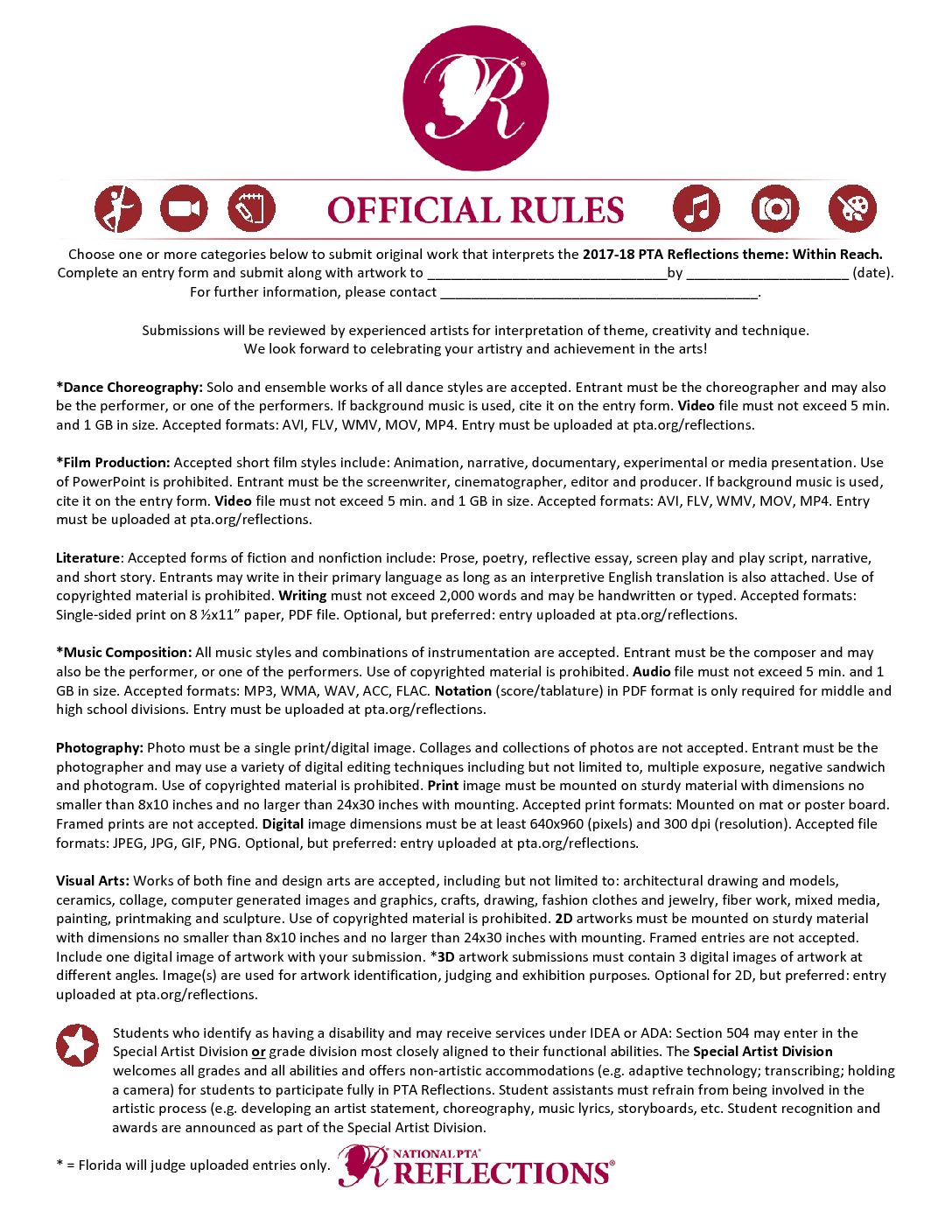 17-18 Reflections Official PTA SCHOOL Rules – Florida PTA